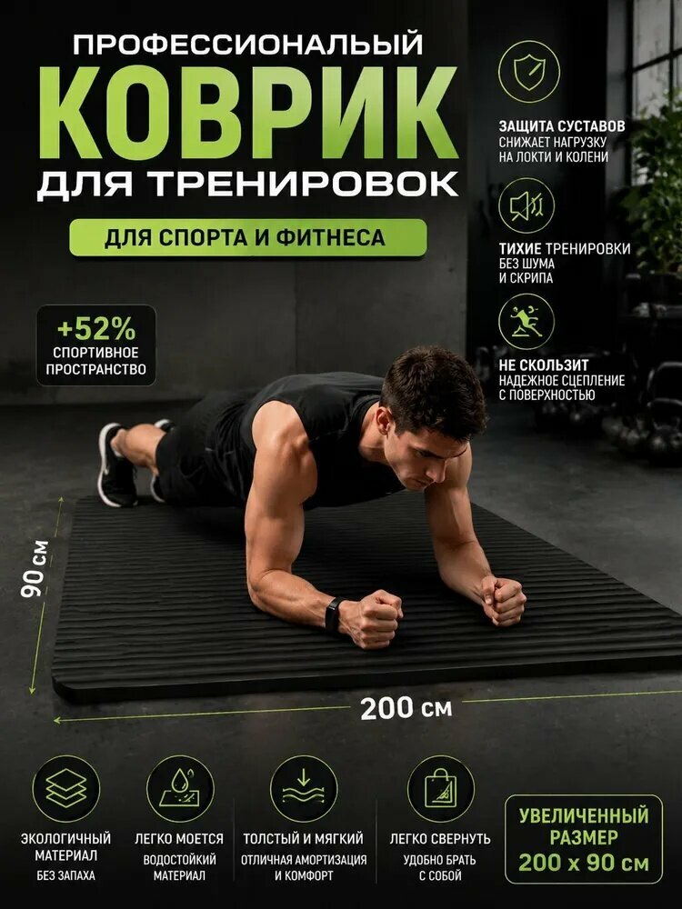 Спортивный коврик для йоги и фитнеса, 200х90 см, нескользящий, толстый, черный