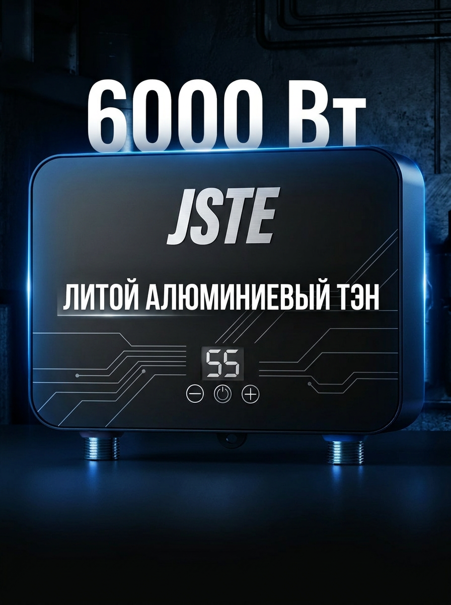 Водонагреватель проточный JSTE 6000 Вт — нагрев за 2 сек, литой алюминий, IPX4, разделение воды и электричества