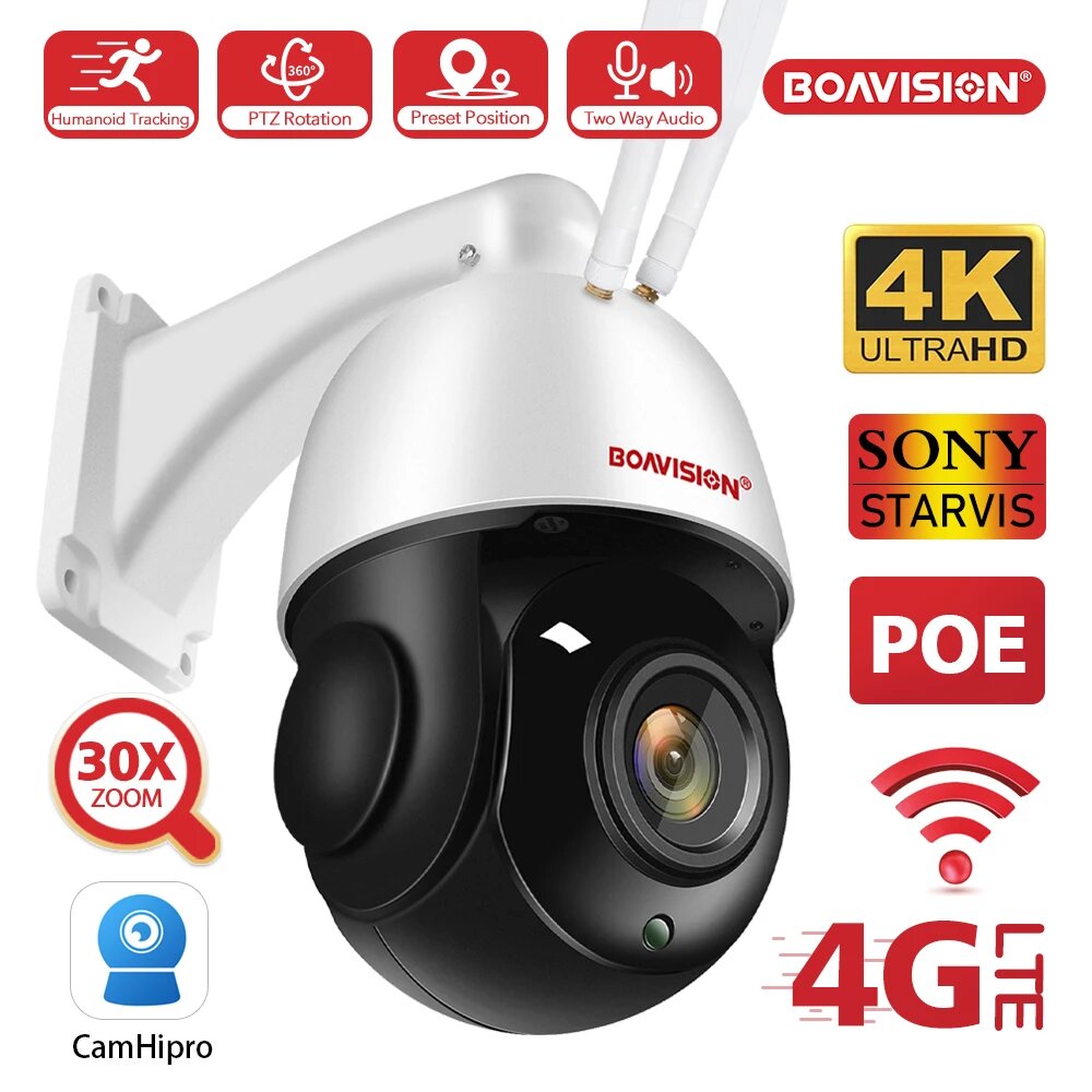 Камера внешнего наблюдения IP 8MP 5MP с SIM-картой 4G, Wi-Fi, POE, AI, автоматическим трекингом, 30-кратным зумом, PTZ-скоростной купол, двусторонним аудио, ИК-освещением на 80 м