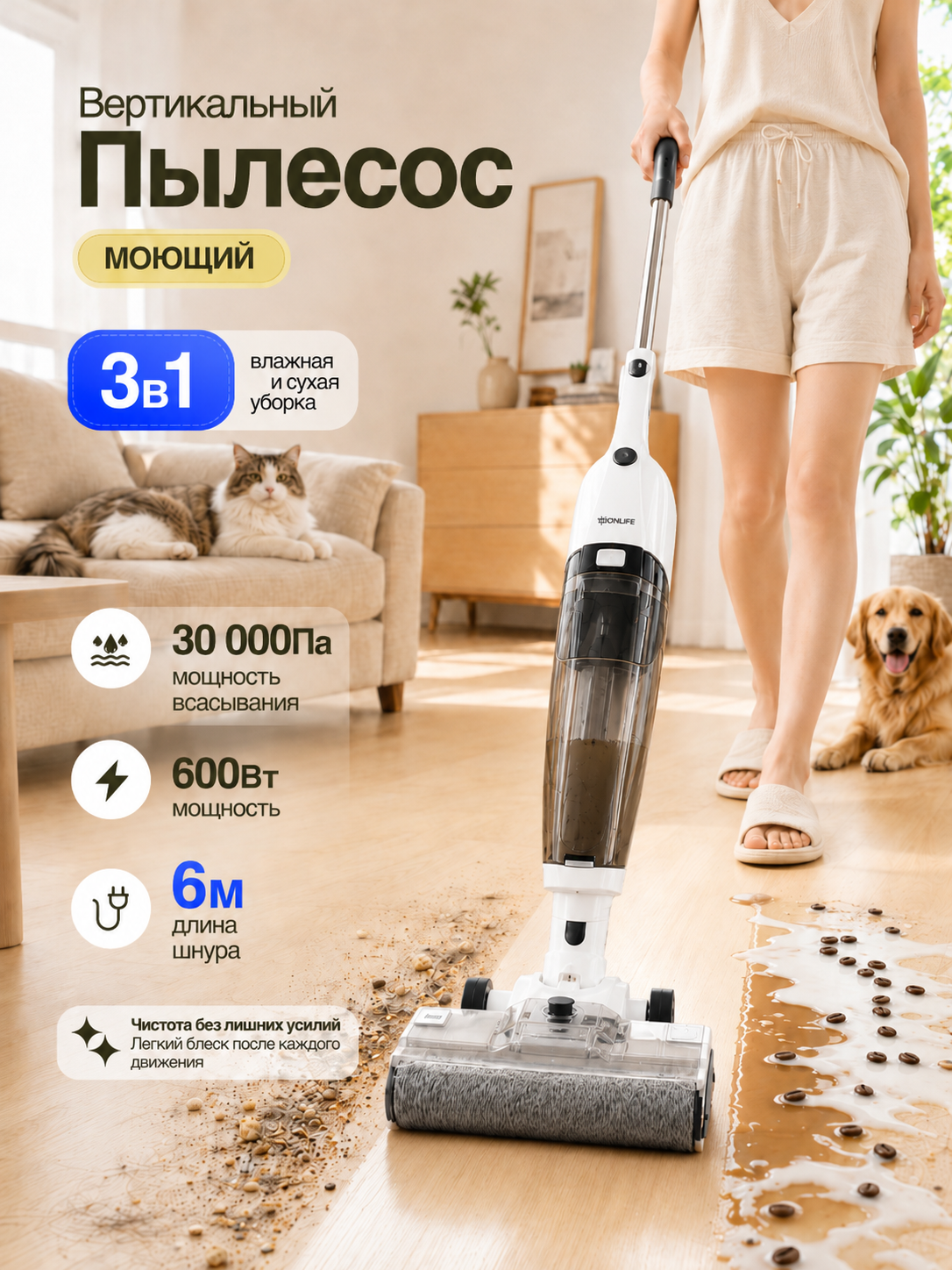 Моющий пылесос Tinton Life 3 в 1, вертикальный,600 Вт, проводная с влажной уборкой