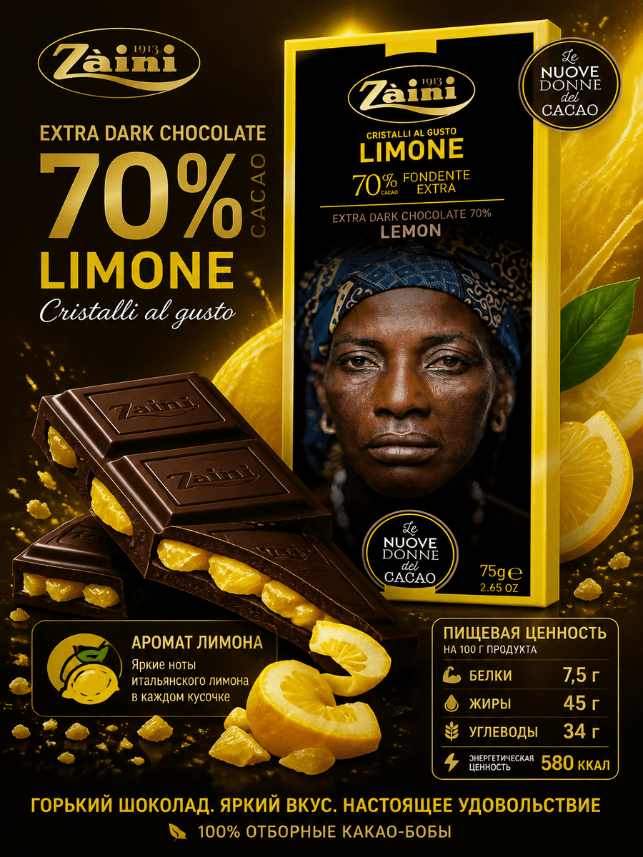 Шоколад ZAINI Горький 70% со вкусом лимона (Италия) 75г