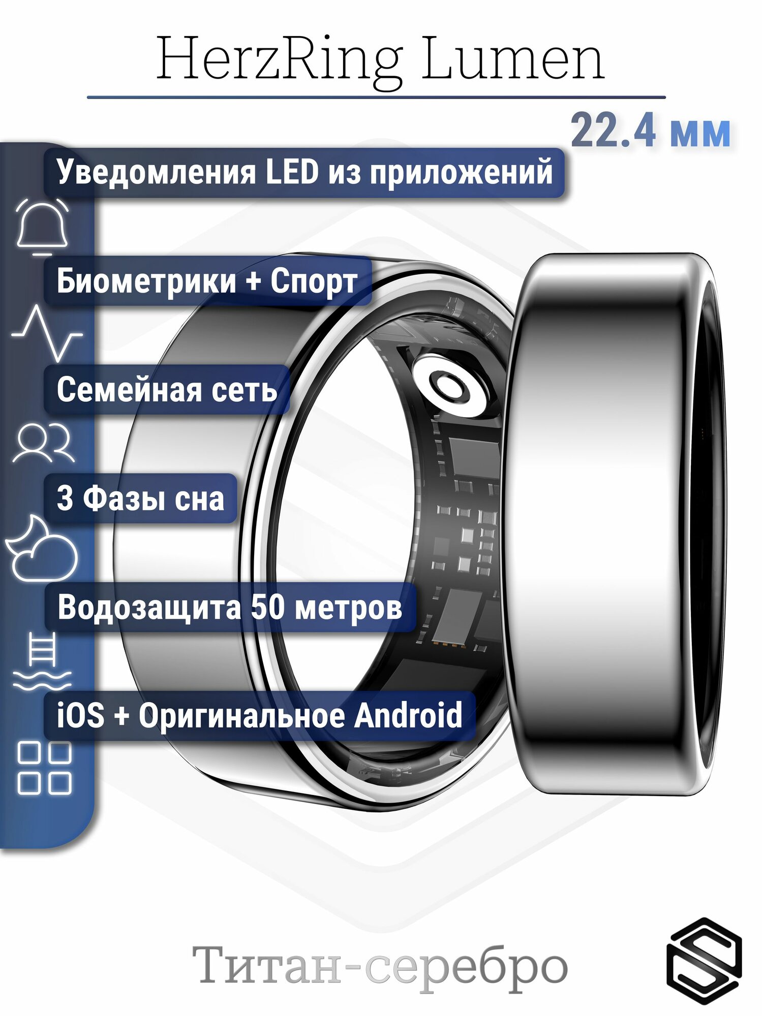 Умное кольцо с Уведомлениями Lumen RW (Цвет серебро титан, внутренний диаметр кольца 22,4 мм)