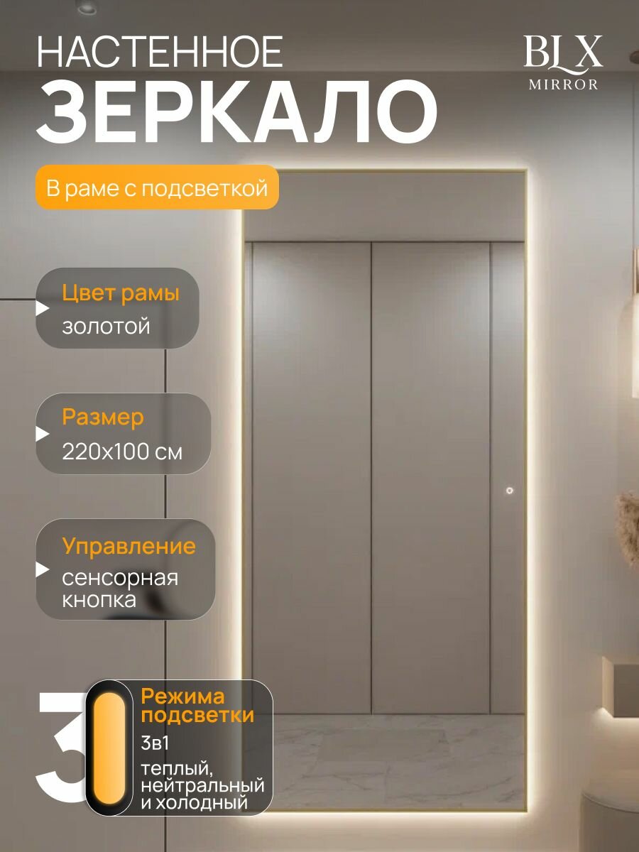 Зеркало настенное 220х100 см. золото с подсветкой сенсорное в алюминиевой раме интерьерное BLX MIRROR