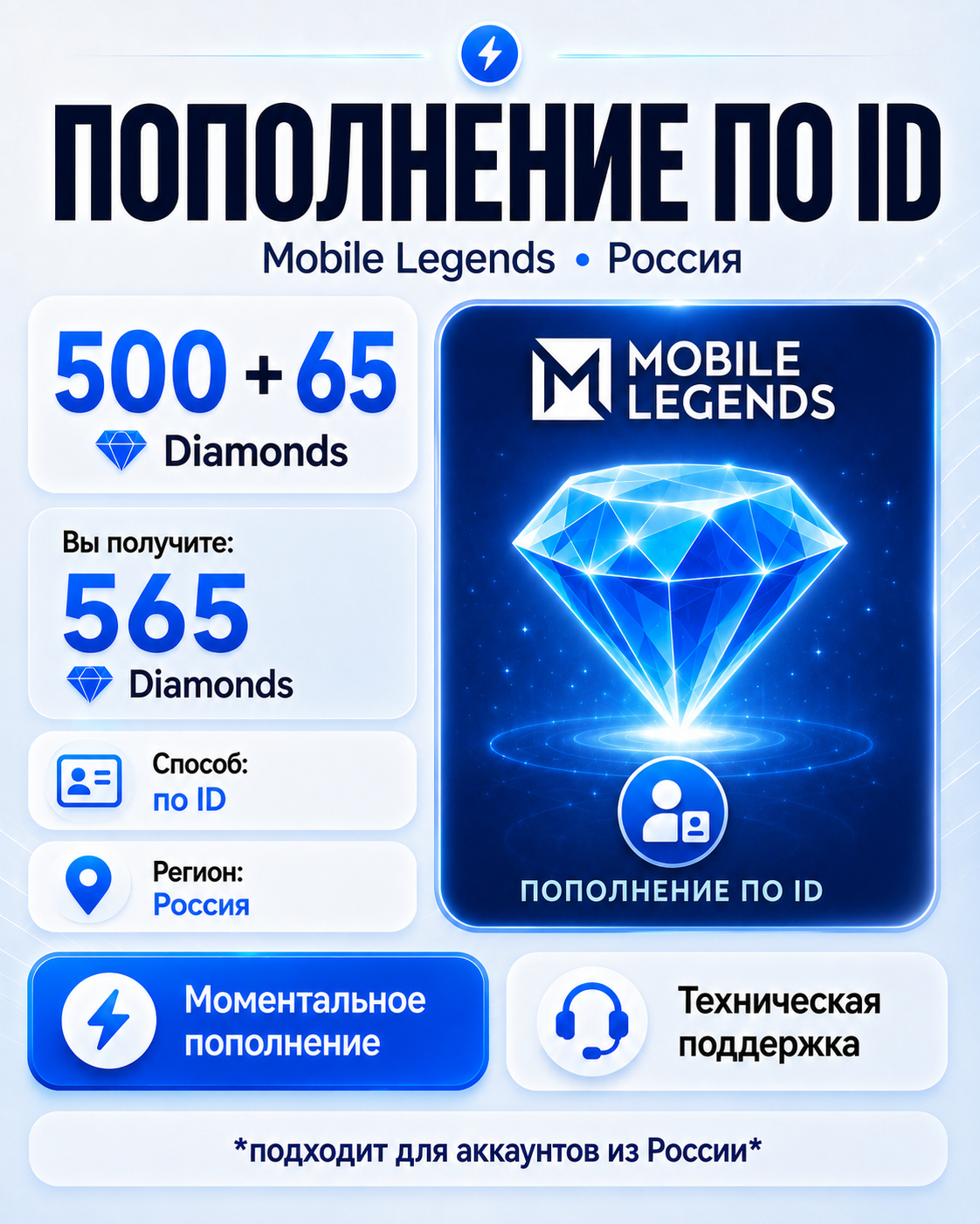 Mobile Legends 1155 алмазов Diamonds — пополнение по ID, Россия, цифровой код