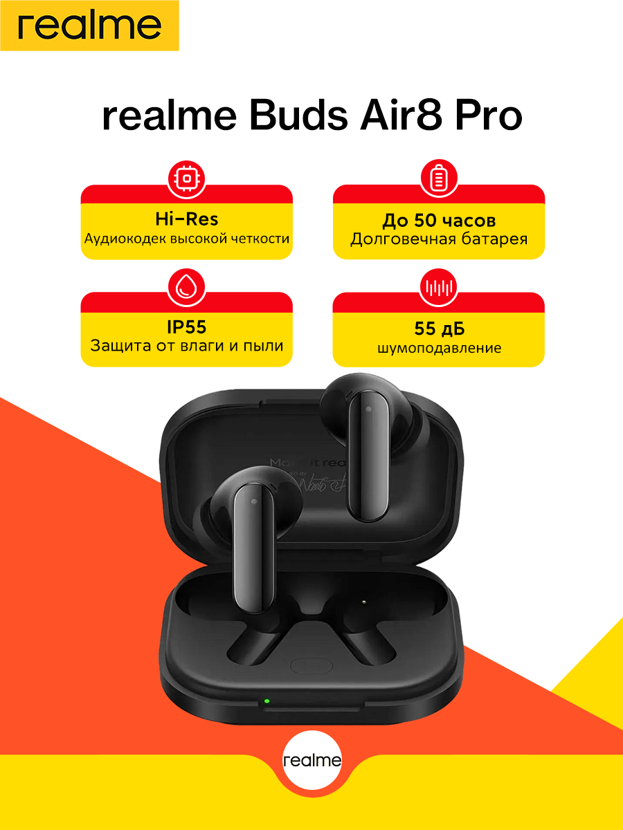 Наушники realme Buds Air 8 Pro, активное шумоподавление, черные