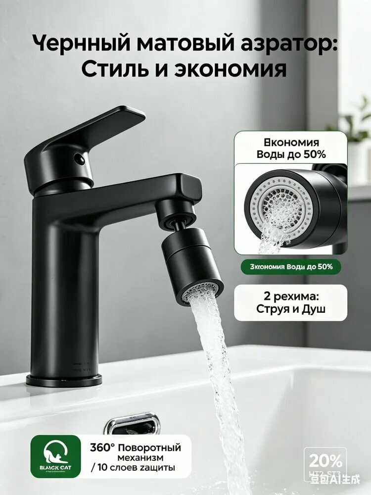 Смеситель с возможностью поворота на 360 градусов, черный матовый, удлинитель для смесителя для кухни и ванной комнаты, насадка для крана с 2 режимами распыления