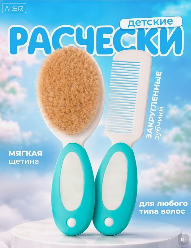 Детская расческа и щётка для новорождённых, мягкая щетина, безопасные закруглённые зубчики, набор 2 шт