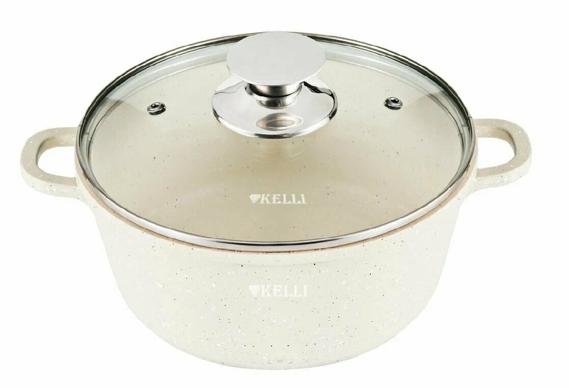 Кастрюля 4.5л Kelli KL-4714-24 бежевый, антипригарное гранитное покрытие, для всех типов плит, включая индукцию, стекл. крышка, силиконовые накладки на ручки