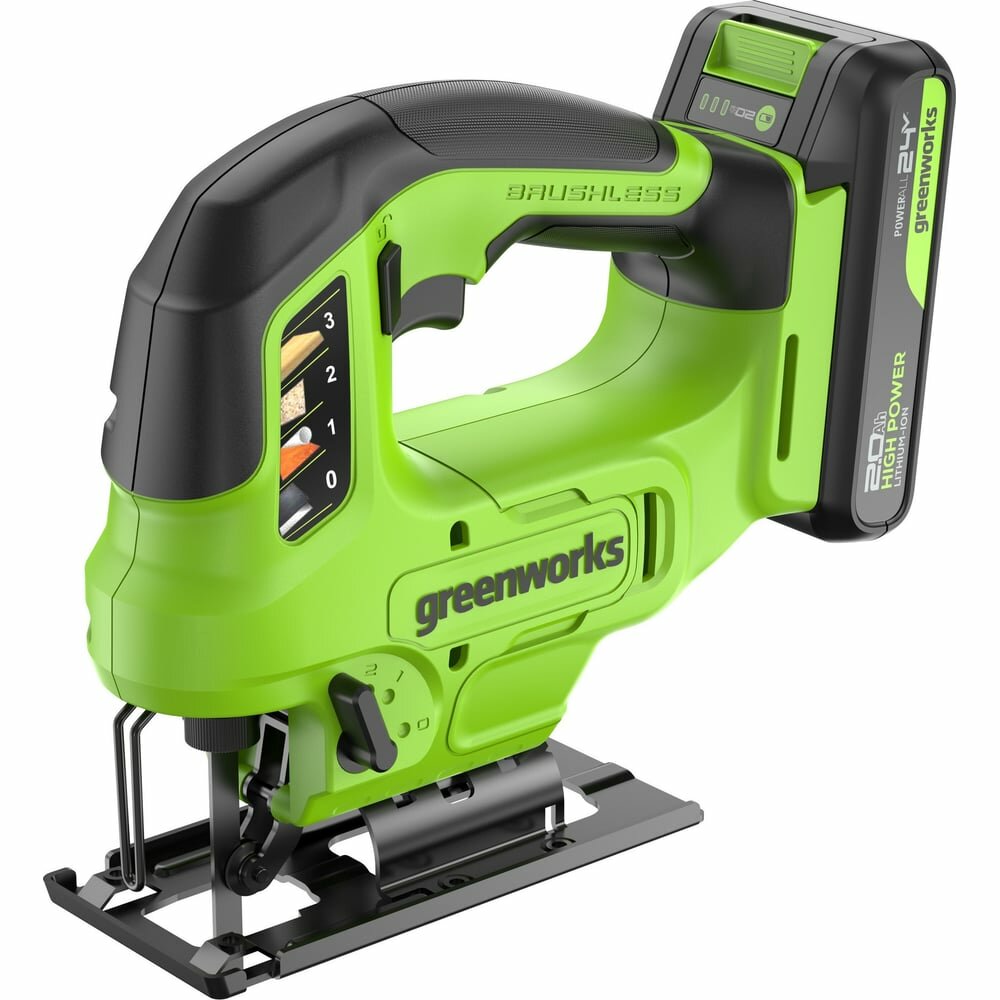 Лобзик GreenWorks GD24JS90, 24V, б/щет, 90мм, 0-3000/мин, 4 ст. маятник, LED, 1x2Ач, ЗУ, коробка 3601707VUA