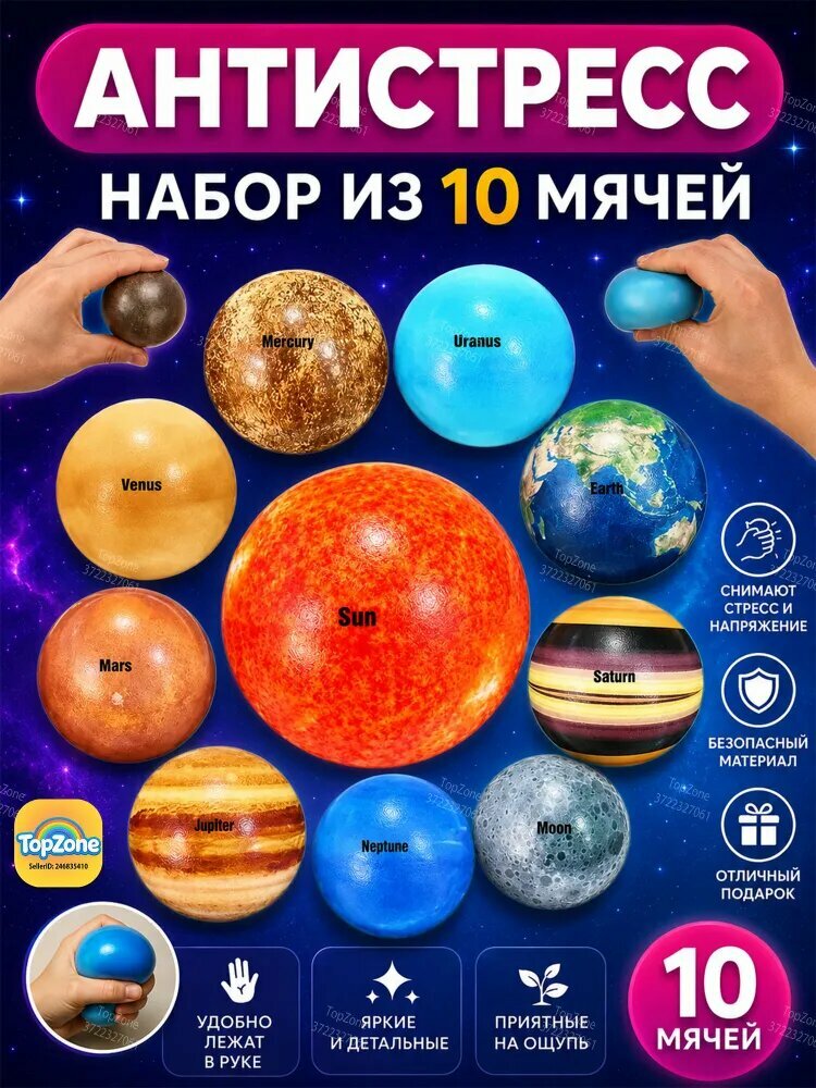 Планета Солнечная система антистрессовый мяч, детская развивающая игрушка эластичный 10 шт