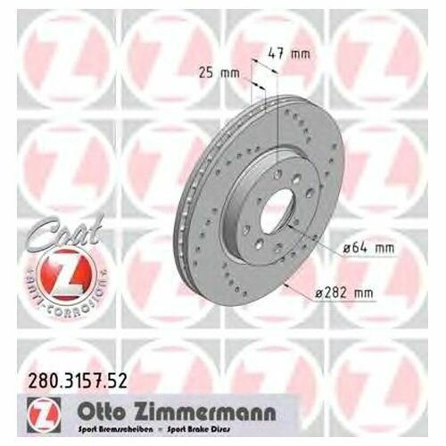 Диск тормозной передний Zimmermann 280.3157.52 для Honda Accord (1997-2003)