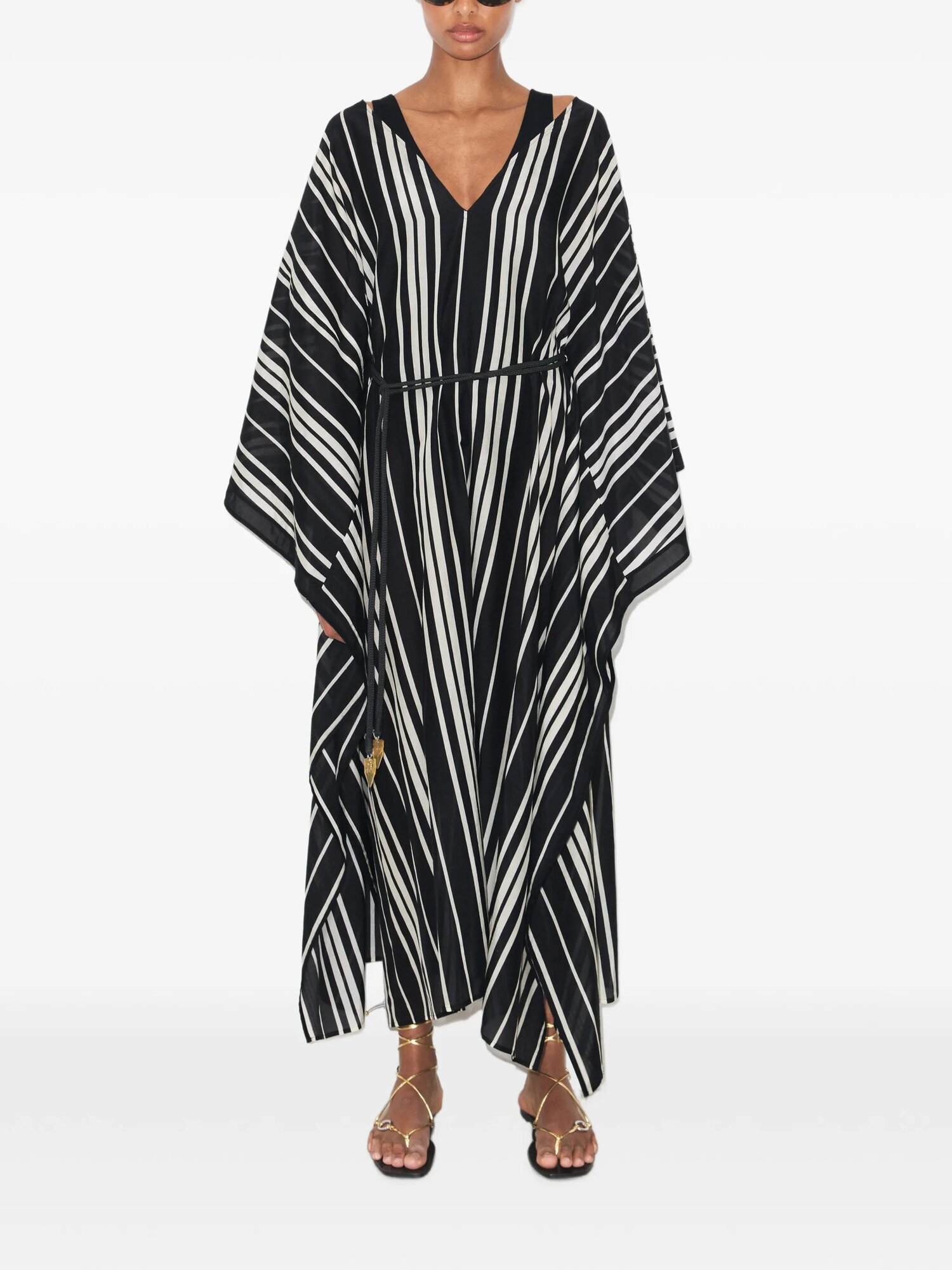 Накидка Tory Burch Belted striped silk caftan, размер L, черный — фото 1