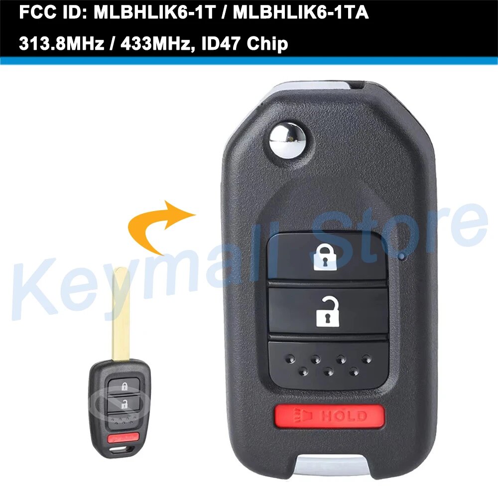 Выкидной ключ-пульт Honda Crosstour Fit CR-V, 313.8/433МГц, ID47, MLBHLIK6-1TA