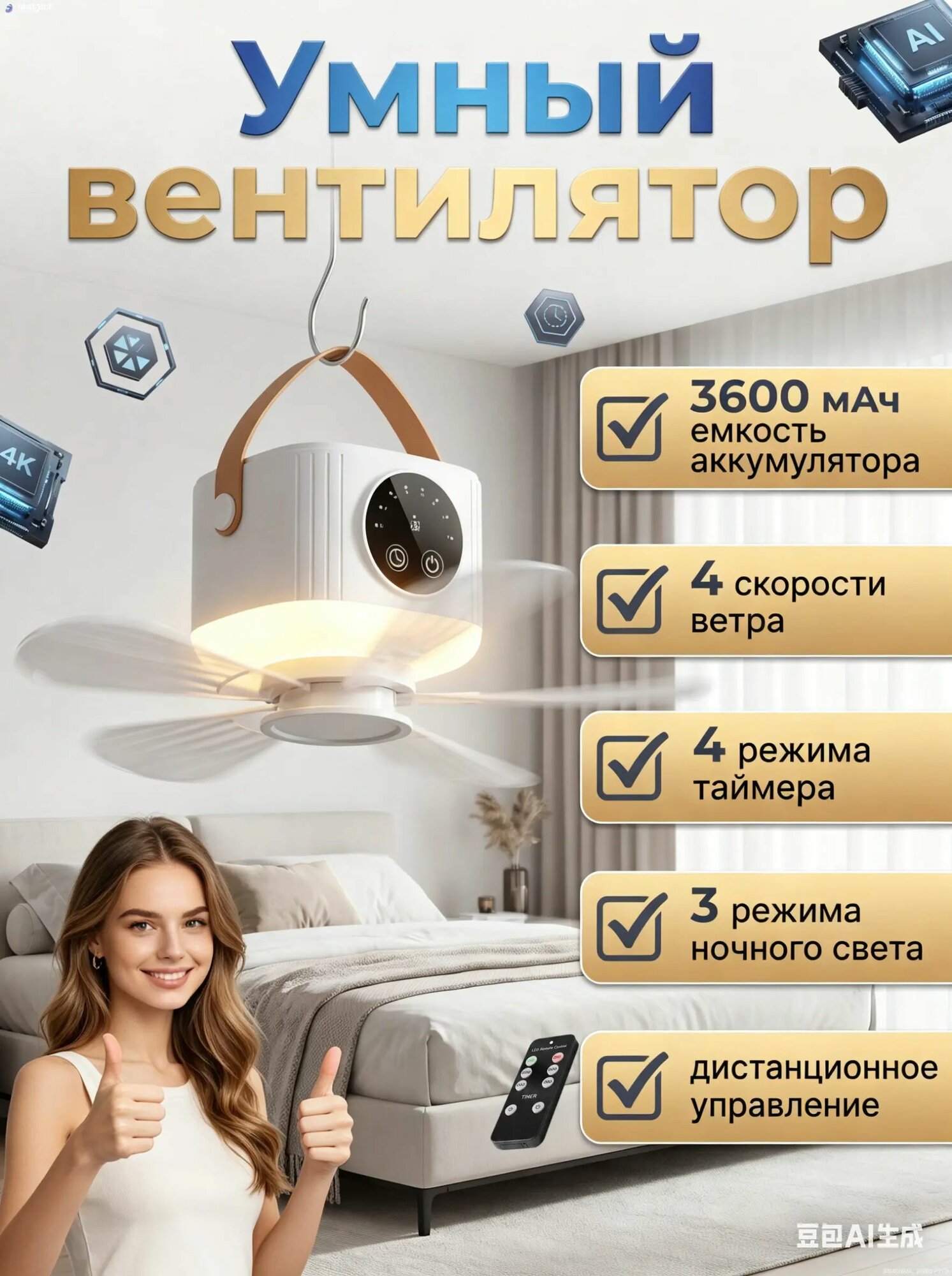 Портативный вентилятор P1155, белый переносной
