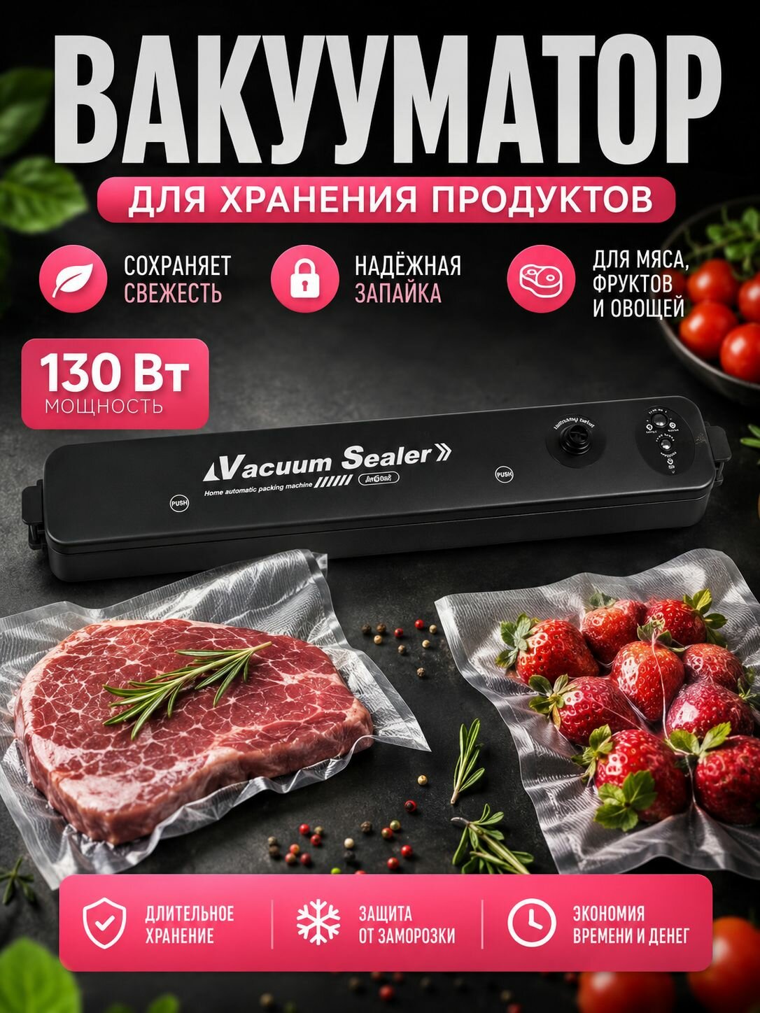 Вакууматор для продуктов 130 Вт, вакуумный упаковщик, запайщик пакетов для мяса