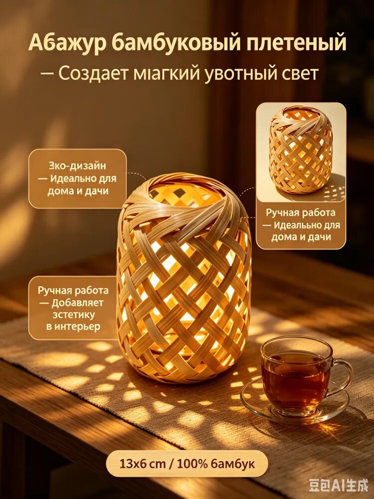 Абажур бамбук для светильника, плетеный плафон 13х6 см - Миниатюрная модель для люстры и настольной лампы, ЭКО декор в стиле сканди и ваби-саби для дома и дачи.