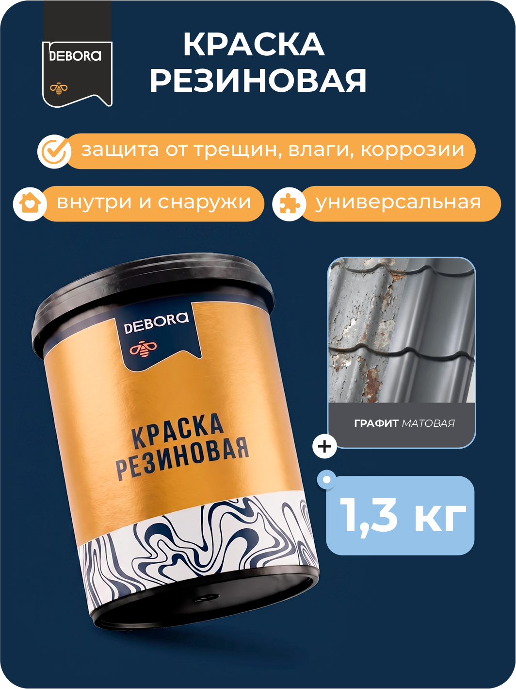 Краска резиновая, влагостойкая, DEBORA - 1,3 кг. (графит, без запаха)