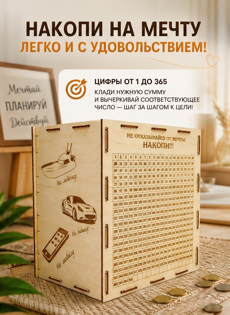 Копилка на мечту подарочная Woodcarver "365 дней", деревянная, для денег, бежевая — фото 1