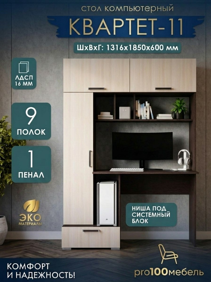 Компьютерный стол с ящиками, полками и пеналом Квартет-11 (185*131,6*60см) венге/дуб молочный