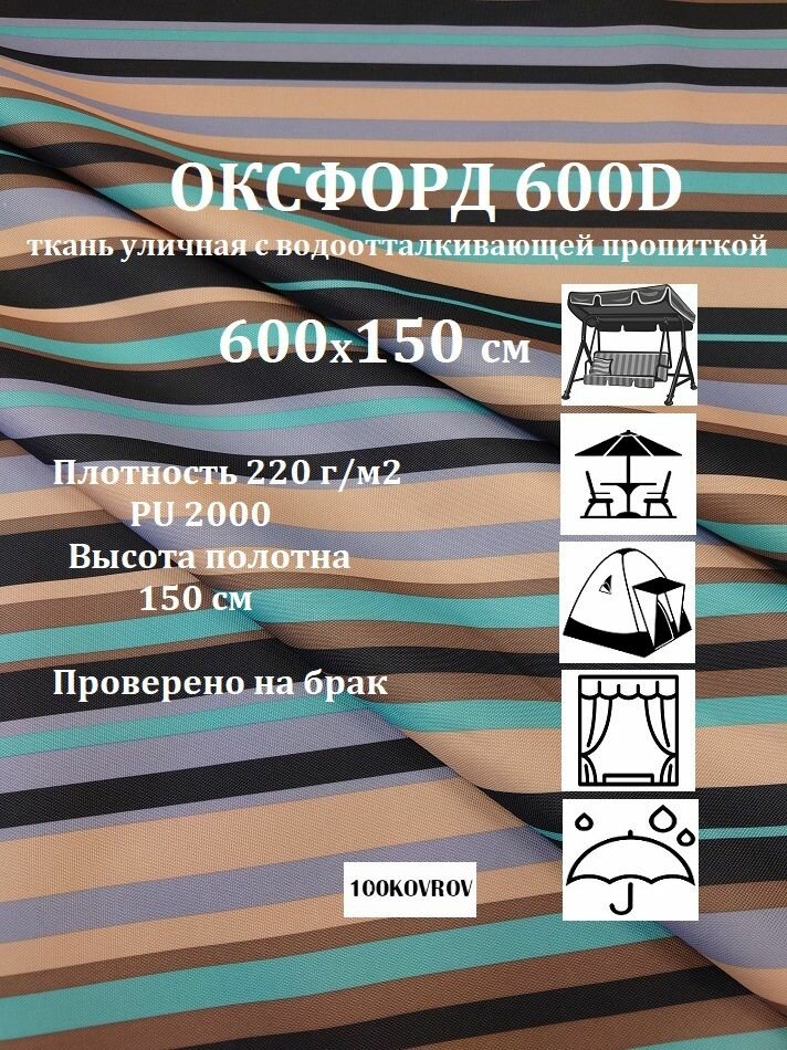 Ткань уличная, водоотталкивающая 100KOVROV оксфорд 600D PRINT полоса азур Отрез 600х150 см