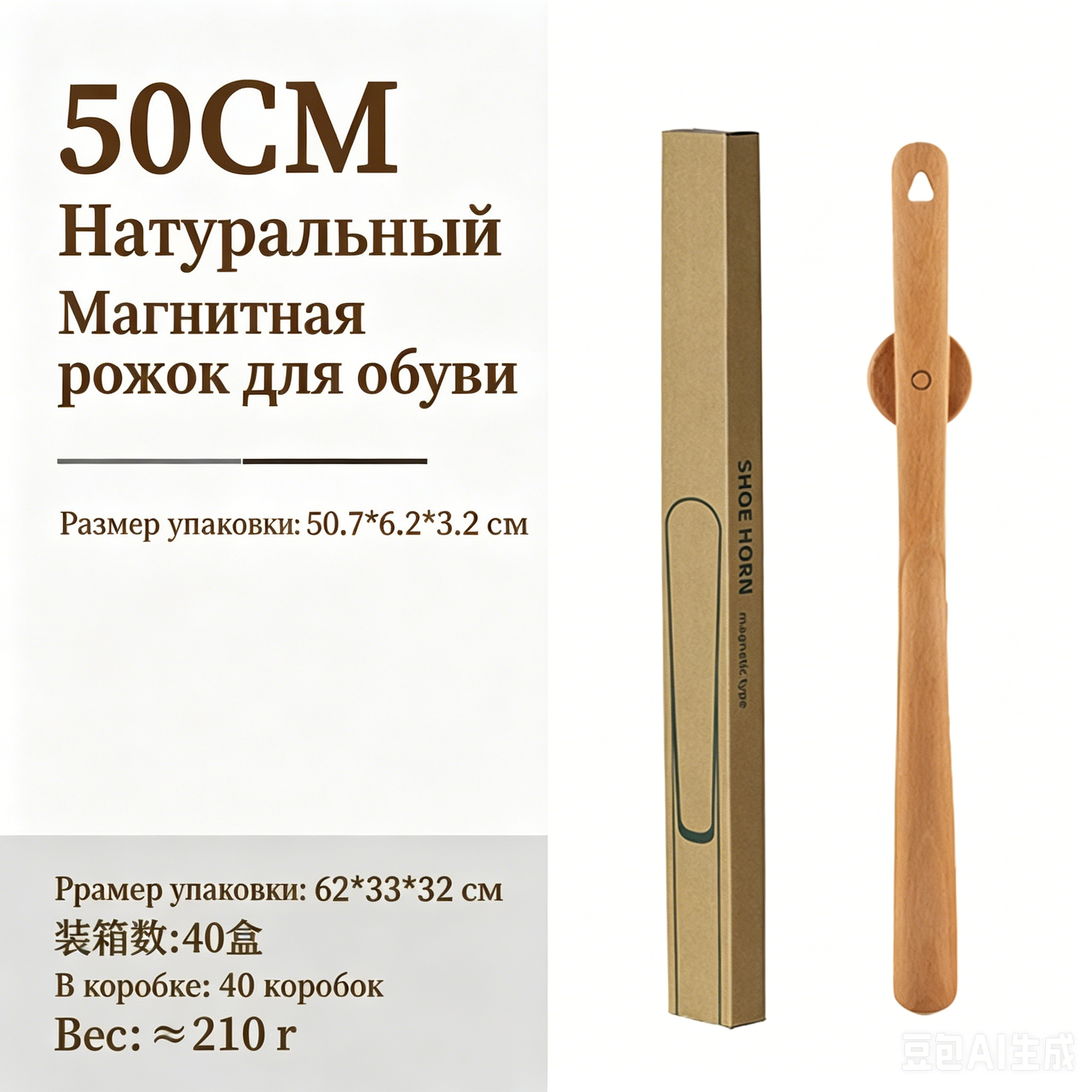 Деревянная ложка с магнитом для обуви DOMME, 50см, Высококлассные деревянные башмачки