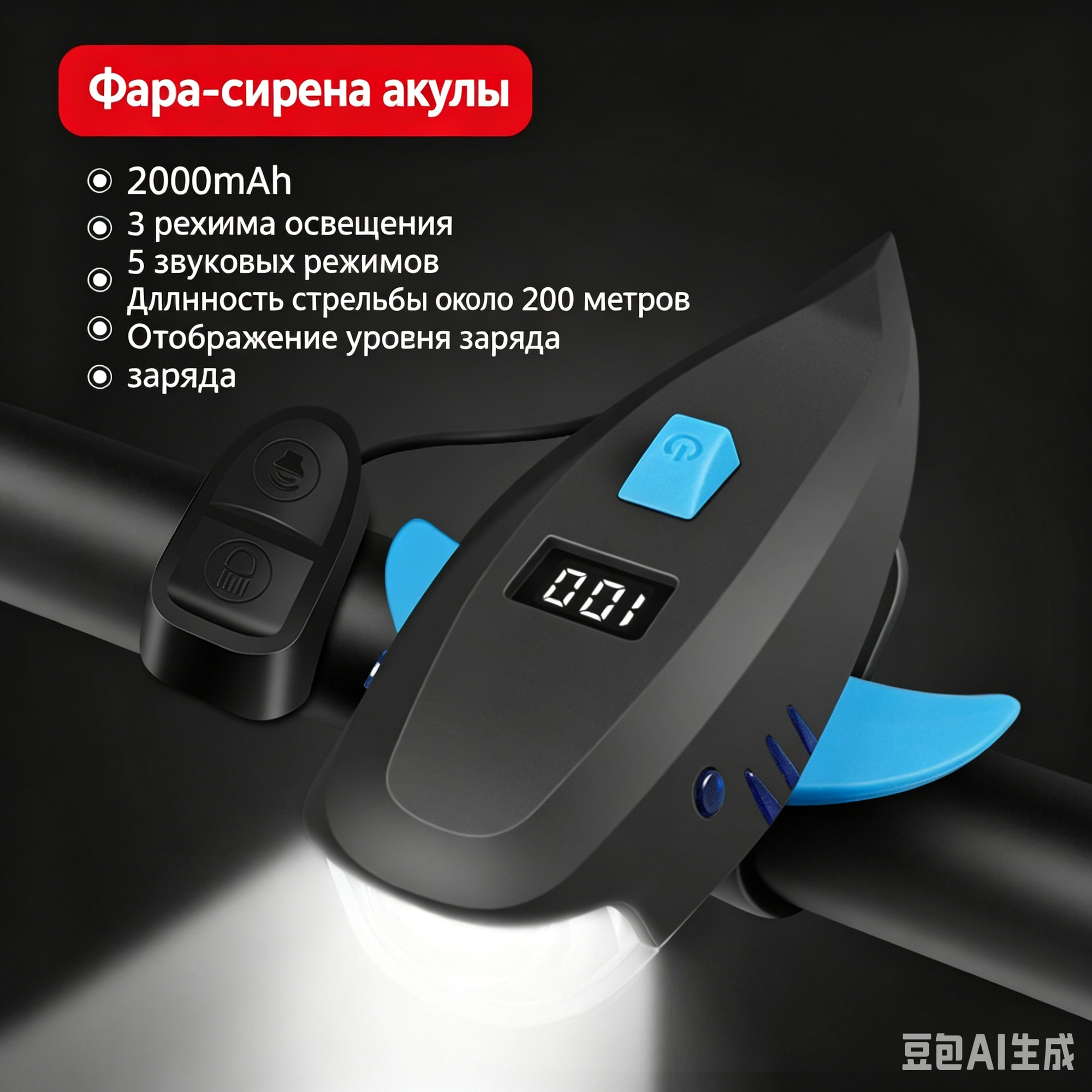 Фонарь для ночной езды на велосипеде с колокольчиком синего цвета