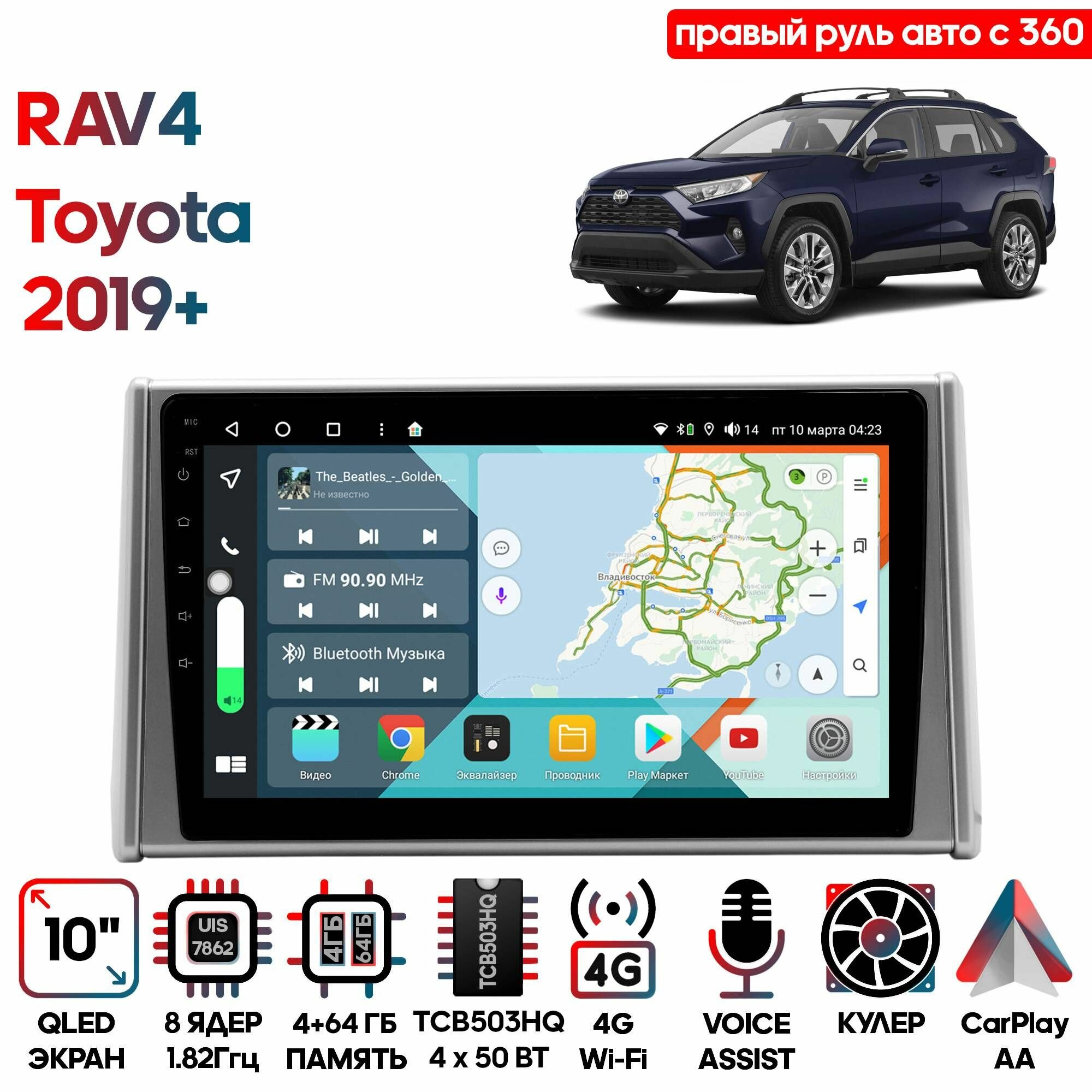 Магнитола Toyota RAV4 2019+ правый руль авто с 360 10 дюймов, 4/64GB, 8 ядер, DSP, 4G, Android 10 / Wide Media