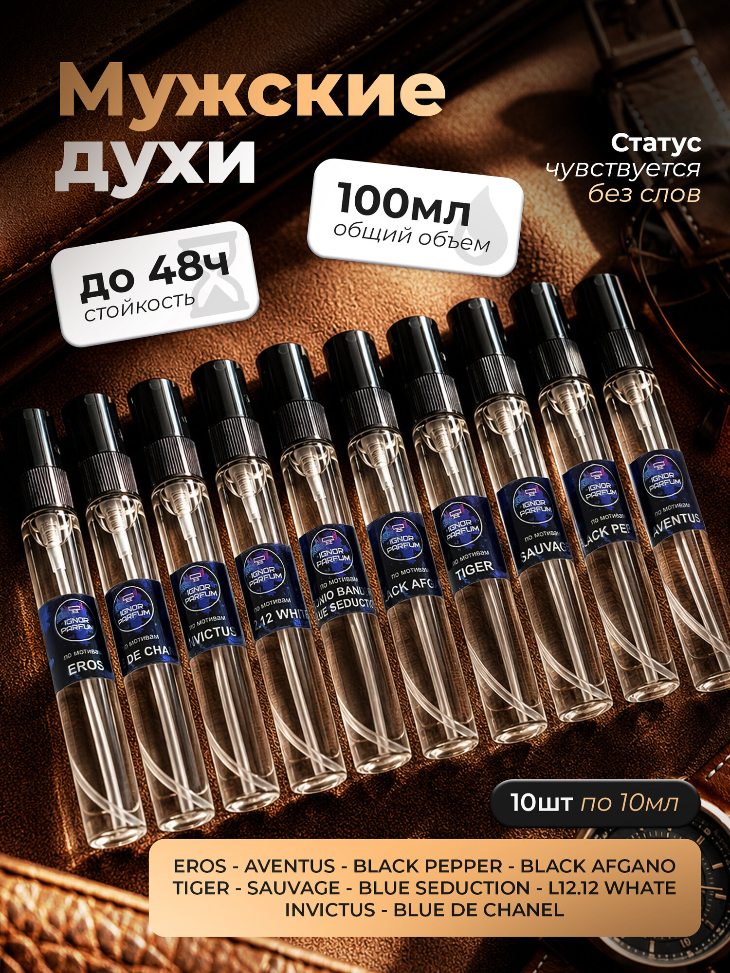 Духи мужские стойкие подарочный набор пробников 10 штук по 10 мл для подарка миниатюры парфюма