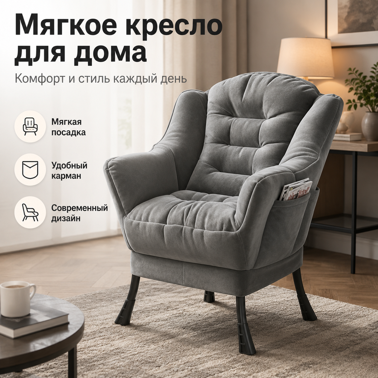 Читальное кресло с высокой спинкой и подлокотниками, велюровая обивка, боковой карман для журналов, металлические ножки