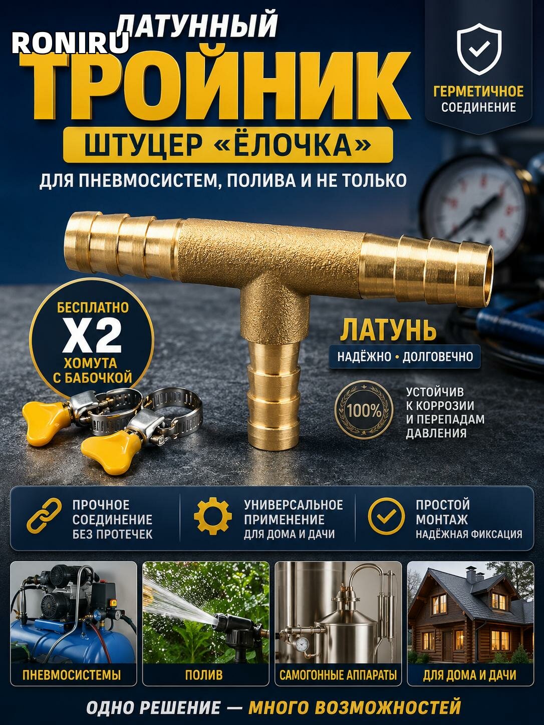 Тройник латунный ёлочка — штуцер для пневмосистемы, компрессора, полива и самогонного аппарата, герметично для дома