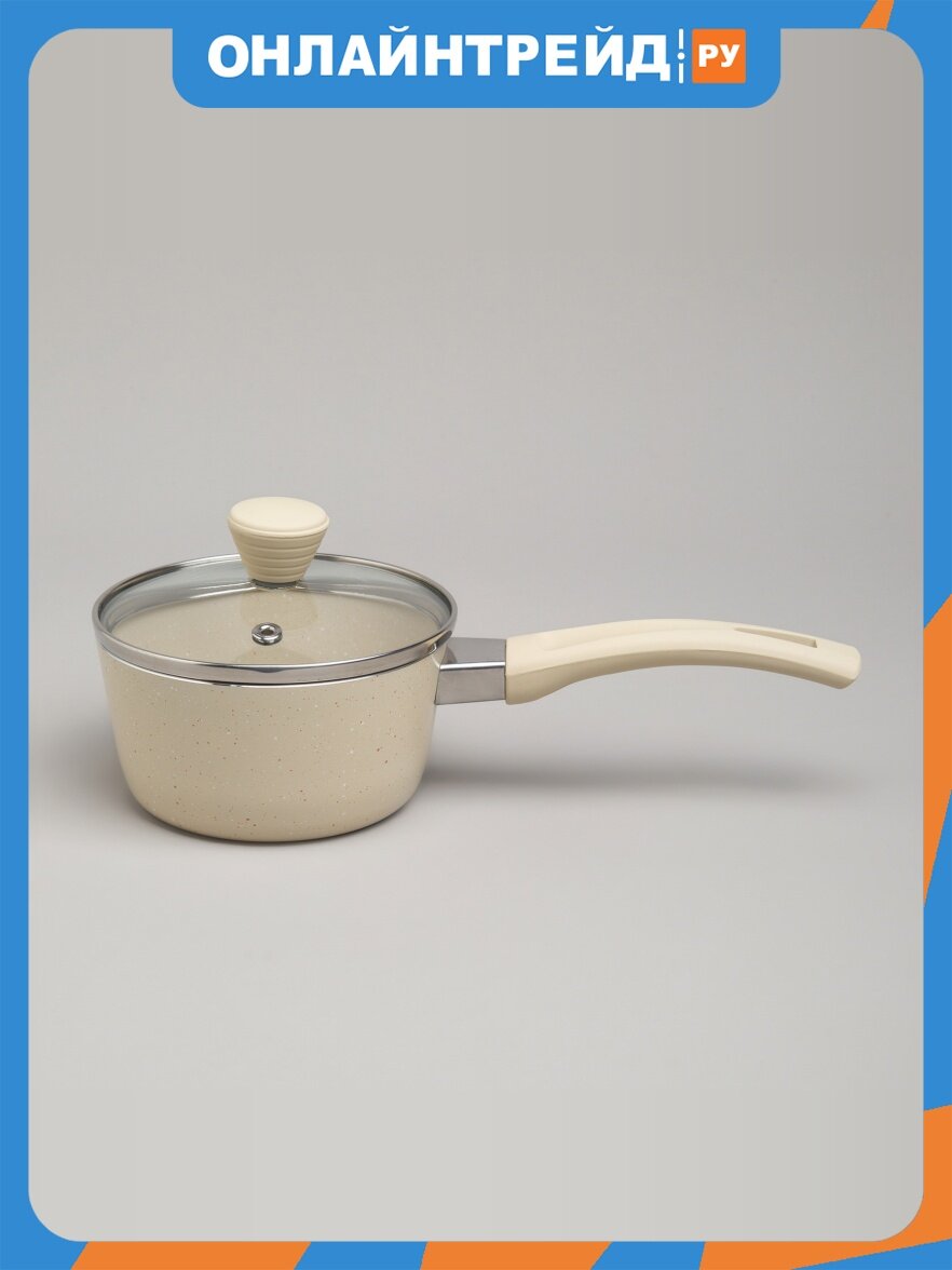 Ковшик Agness антип. покр, ручка soft touch и стекл, крышкой, 600 мл, 12*6 см. (906-258)