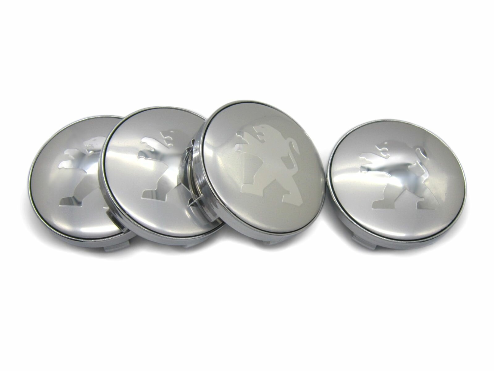 Колпачки заглушки на литые диски Peugeot silver/chrome logo 60/56/9 мм, комплект 4 шт.