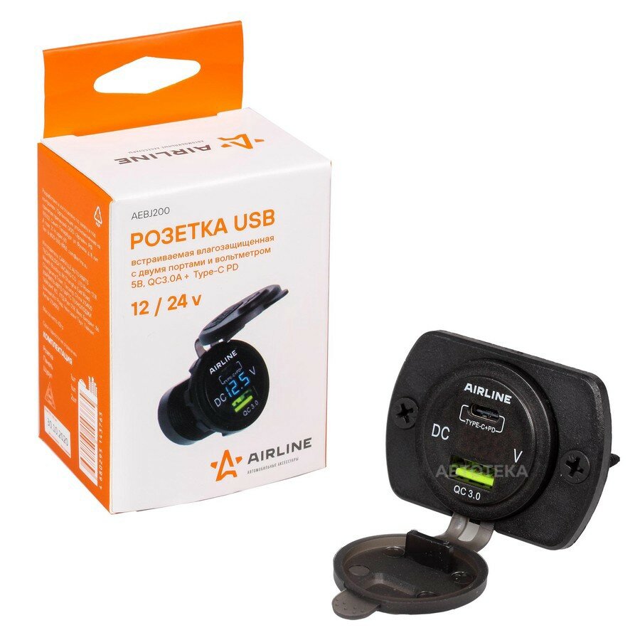 Розетка USB встраиваемая влагозащ. с 2 портами и вольтметром (5В QC3.0 + Type-c PD) (AEBJ200) AIRLINE AEBJ200