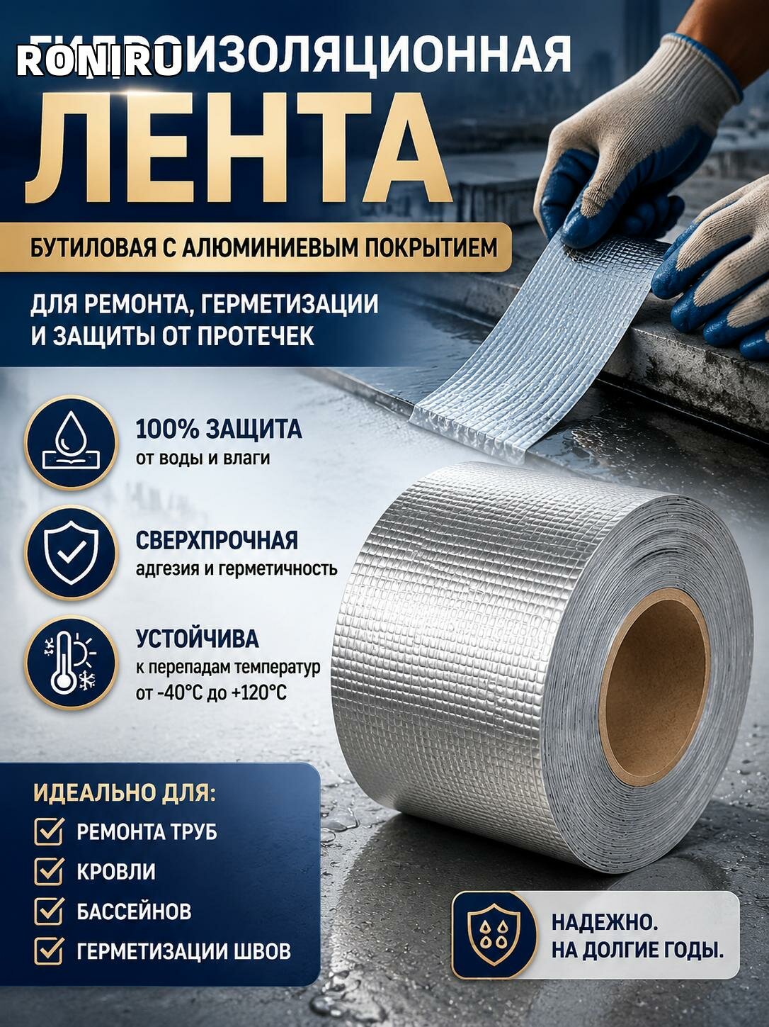 Гидроизоляционная лента бутиловая с алюминиевым покрытием — для ремонта труб, кровли, бассейнов и герметизации швов