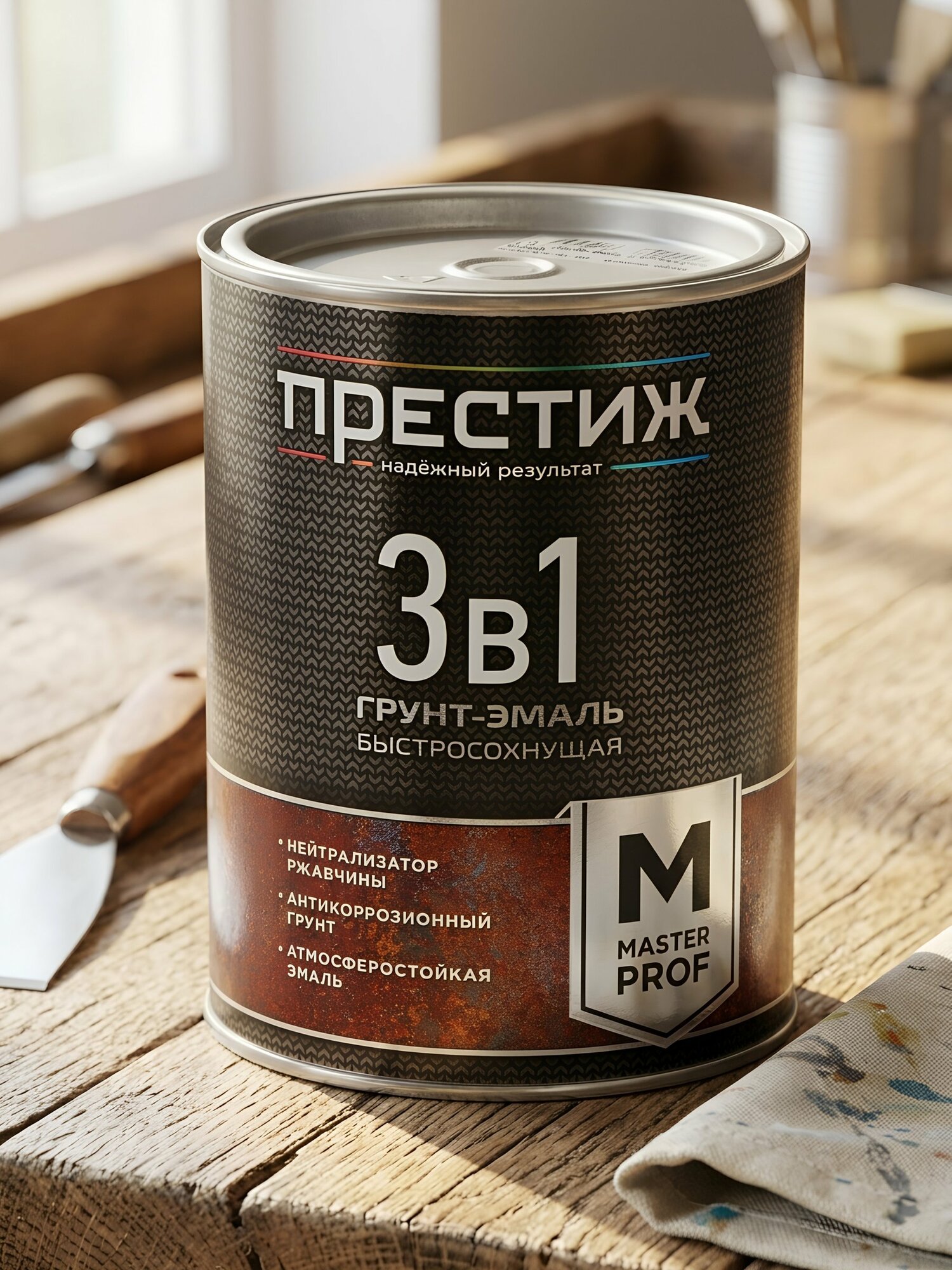 Грунт-эмаль Престиж, Мастер, по ржавчине, быстросохнущая, смоляная, черная, 0.9 кг