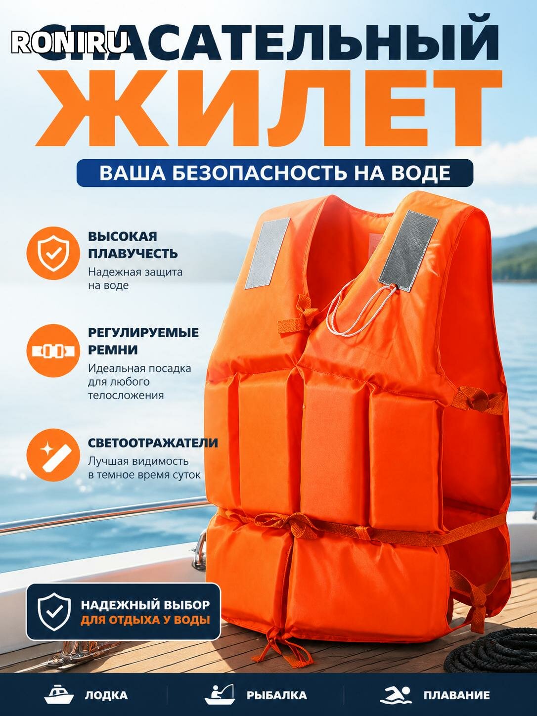 Спасательный жилет для взрослых с высокой плавучестью, регулируемыми ремнями и светоотражателями для отдыха у воды