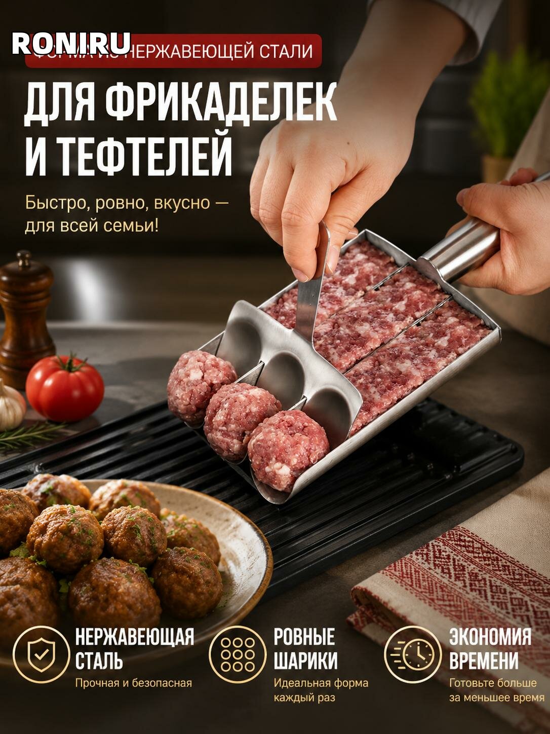Форма для фрикаделек и тефтелей с лопаткой из нержавеющей стали — быстро готовить ровные мясные шарики для семьи