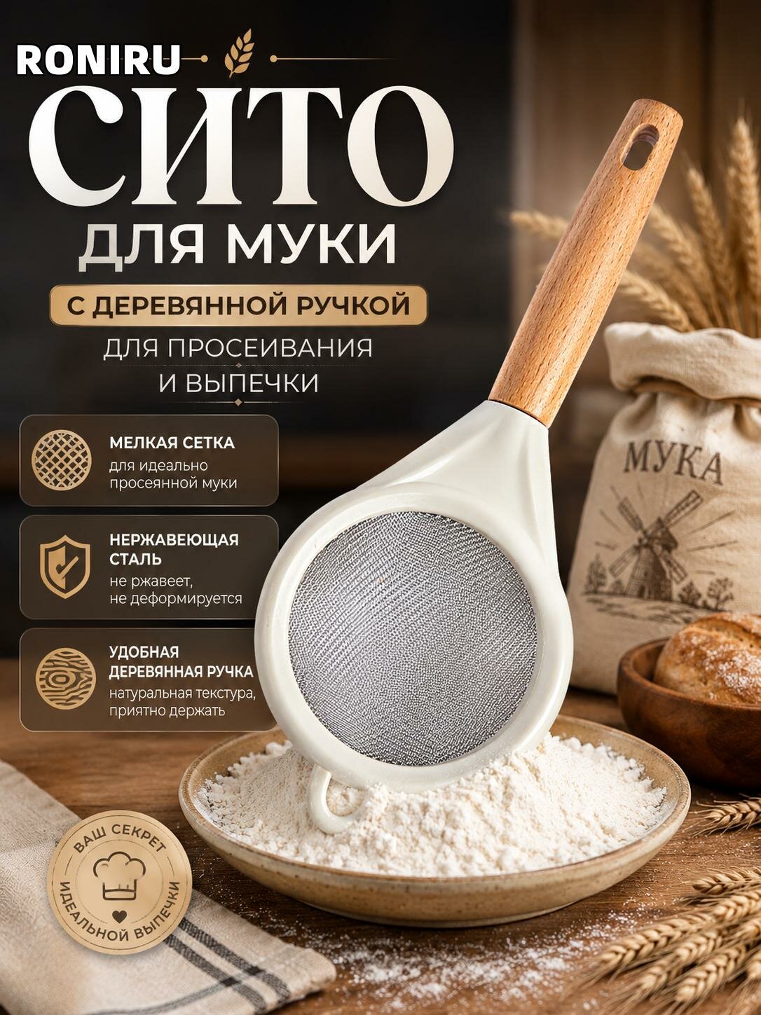 Сито для муки с деревянной ручкой и мелкой сеткой из нержавеющей стали для просеивания и выпечки, универсальное