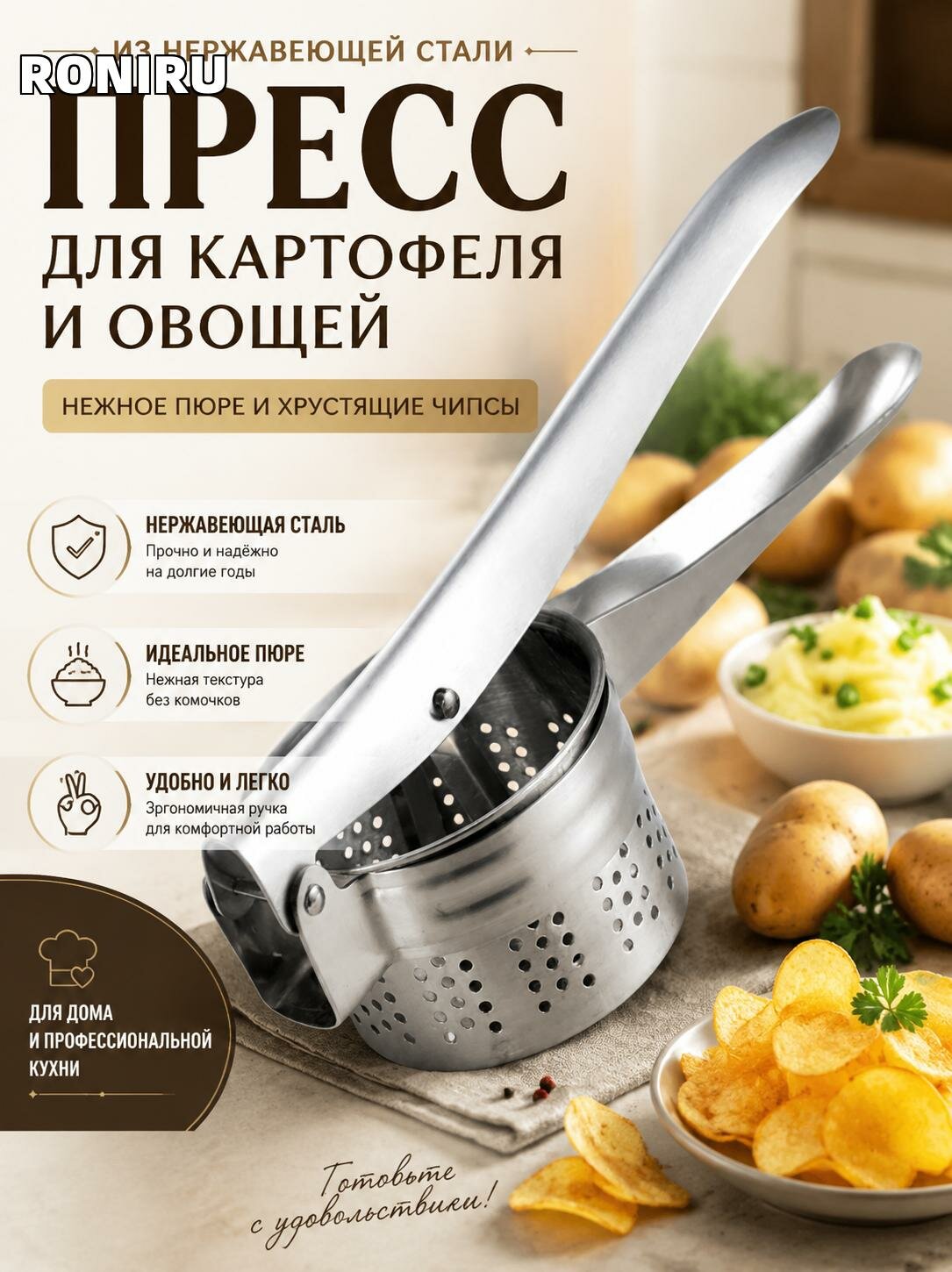 Пресс для картофеля и овощей из нержавеющей стали — для нежного пюре и хрустящих чипсов, удобный для кухни, дома