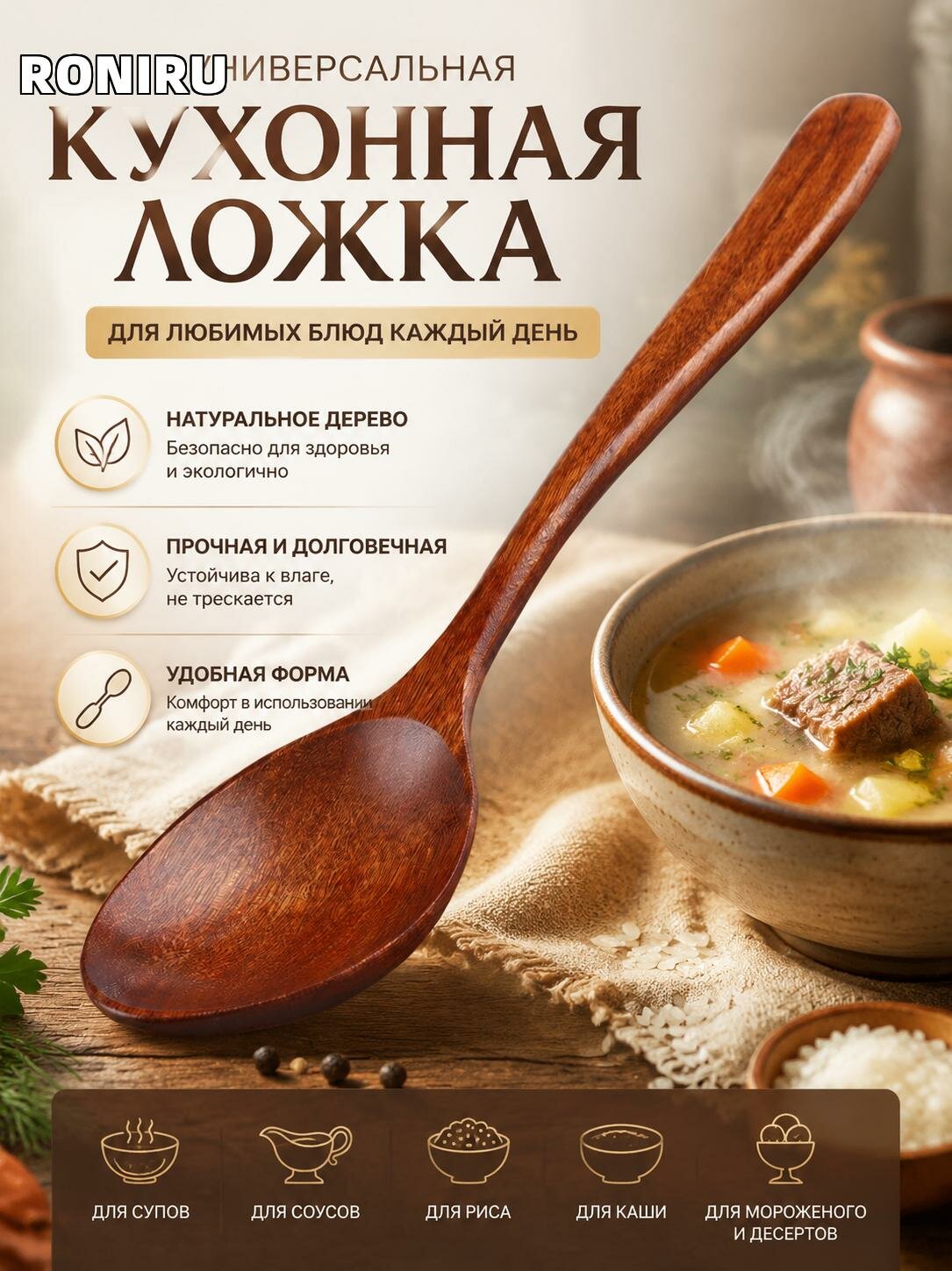 Универсальная кухонная ложка для супа, соуса, риса, каши, мороженого и десертов — прочная, удобная и безопасная