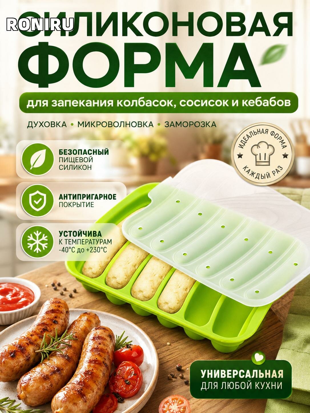 Силиконовая форма для запекания колбасок, сосисок и кебабов антипригарная, универсальная для духовки, микроволновки и заморозки