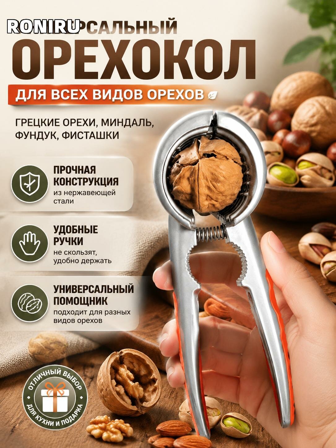 Универсальный орехокол для грецких орехов, миндаля, фундука и фисташек с удобными ручками и прочной конструкцией для всех видов