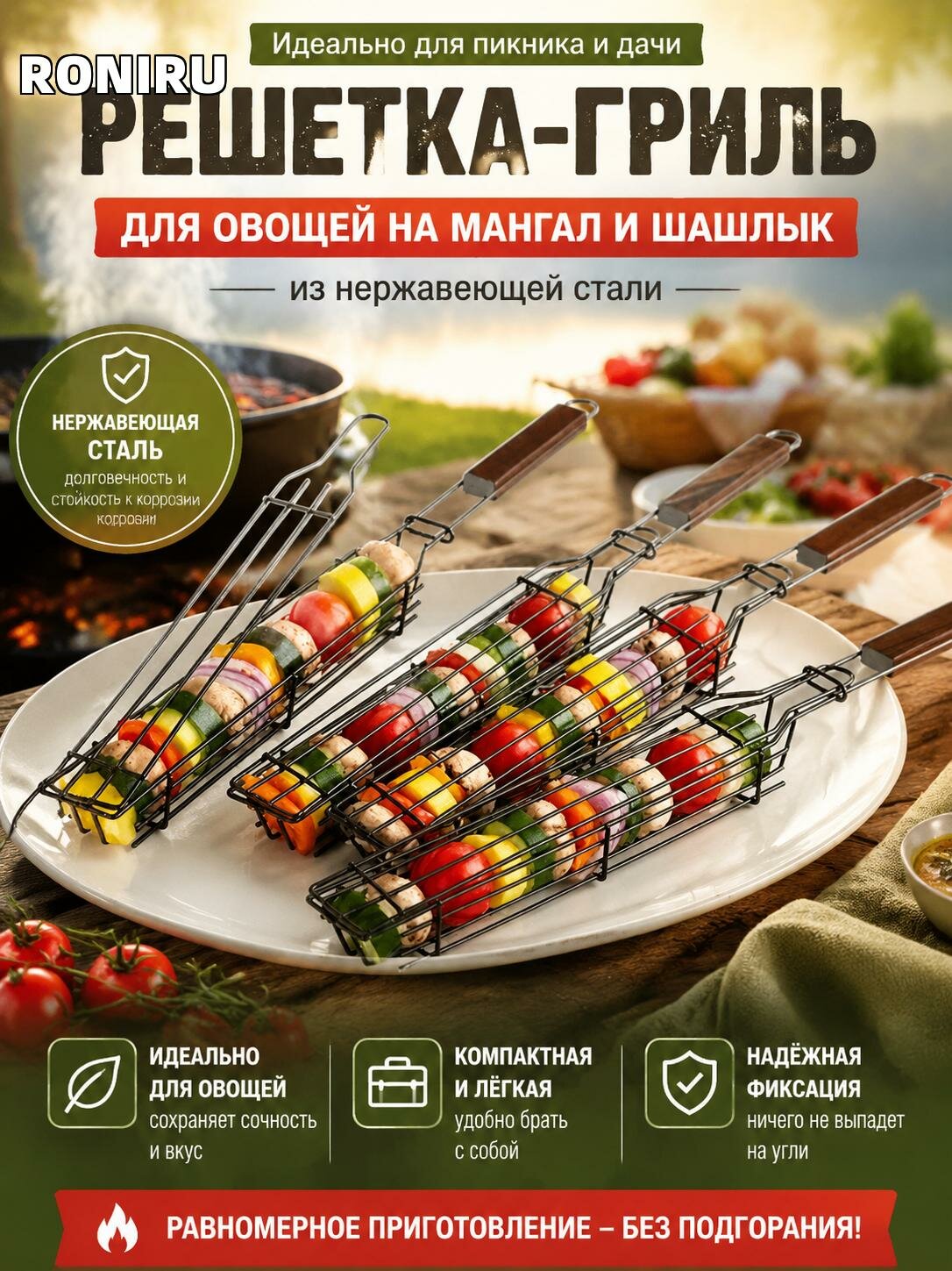 Решетка гриль для овощей на мангал и шашлык, компактная — удобная для пикников и походов, из нержавеющей стали!