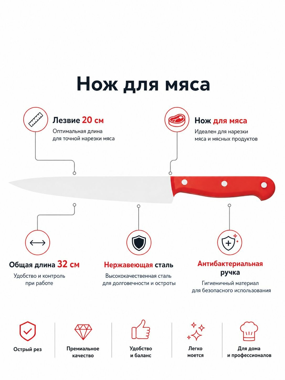 Нож для мяса 200/320 мм. Красный, ICEL TECHNIC