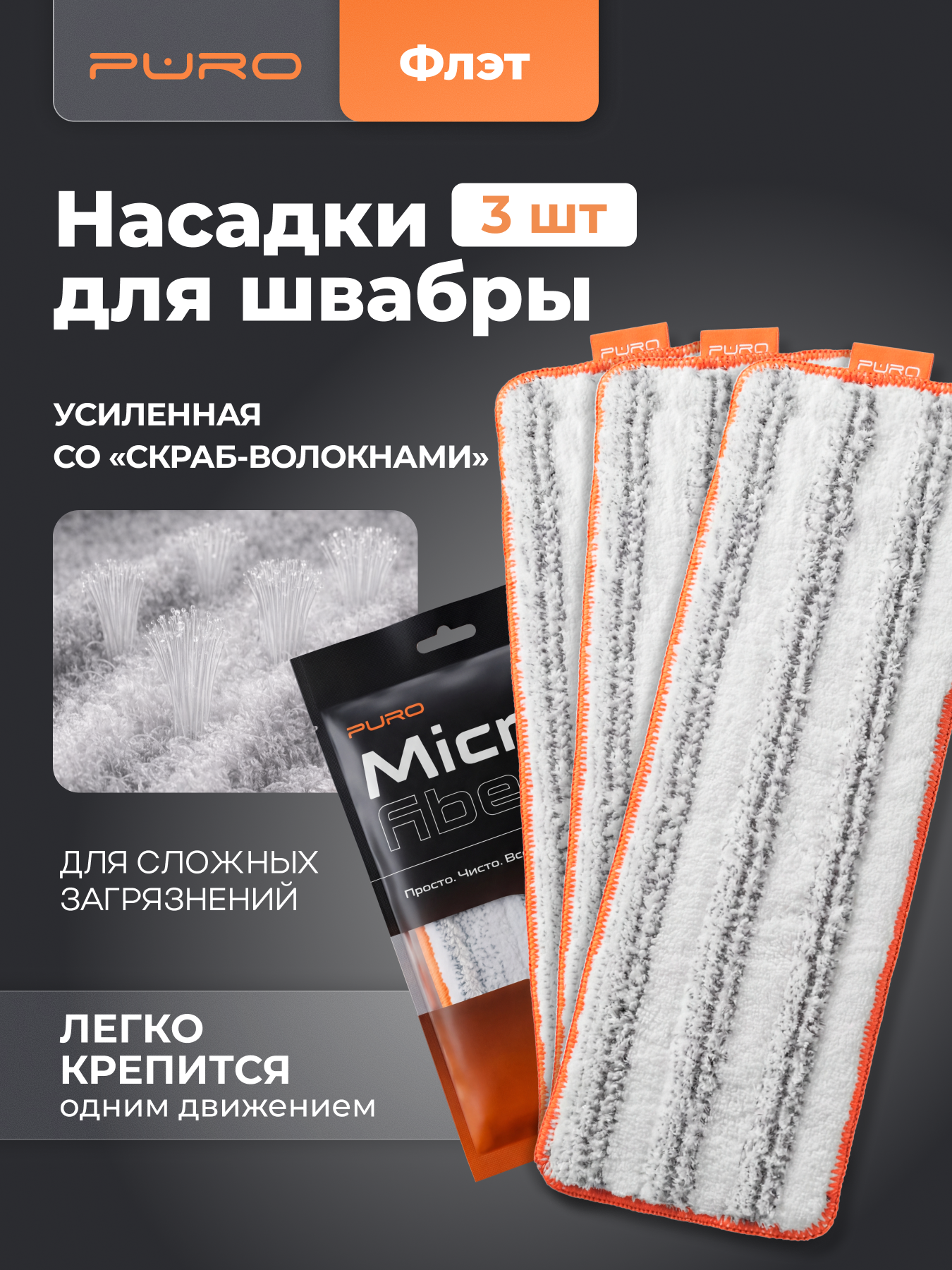 Насадка для швабры Flat от PURO с отжимом, микрофибра с нейлоном, 3 штуки