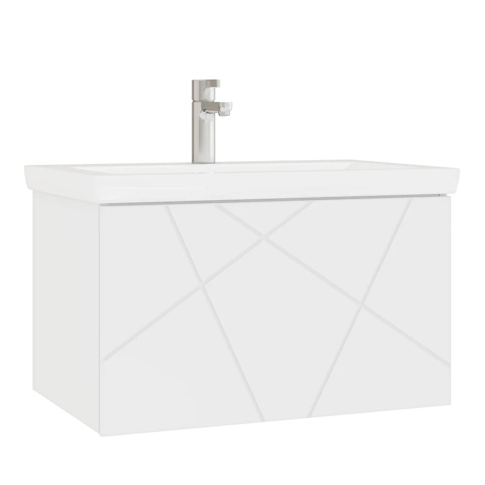 Тумба с раковиной Vigo Geometry 60 подвесная, 60 см, белая, глянцевая, с ящиками, раковина для ванной, фарфоровая, прямоугольная, встроенный слив-перелив