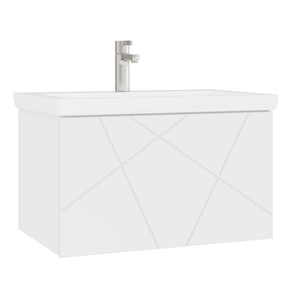 Тумба с раковиной Vigo Geometry 70 подвесная, 66,4 см, белая, глянцевая, с ящиками, раковина для ванной, фарфоровая, прямоугольная, встроенный слив-перелив