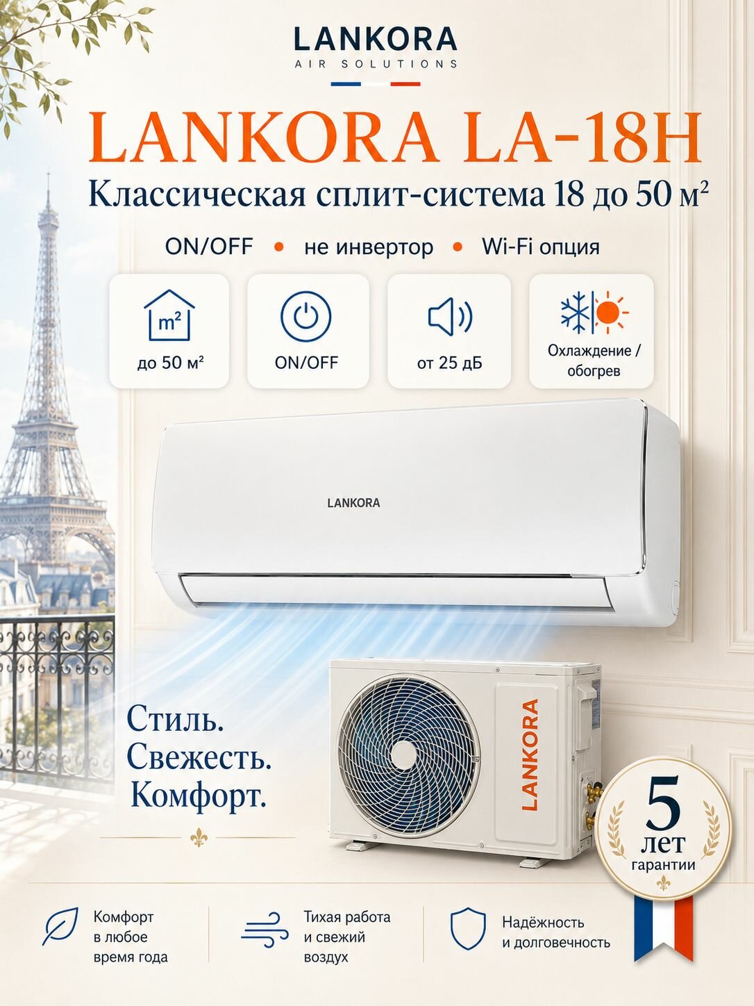 Классическая сплит-система LANKORA LA-18H, on/off, настенный кондиционер до 50 м , охлаждение и обогрев, Wi-Fi опция, белый