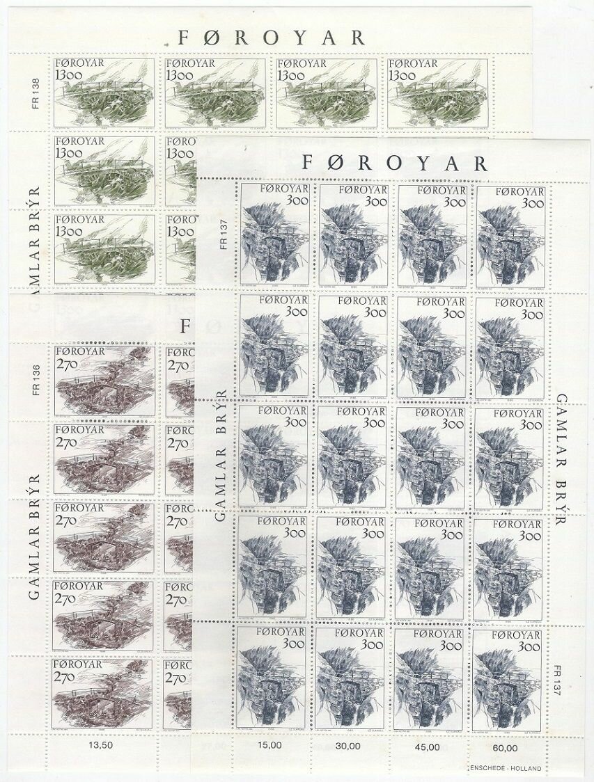 1986-год Листы 3 шт по 20 марок 4х5 Фарерские Острова Мосты , III O