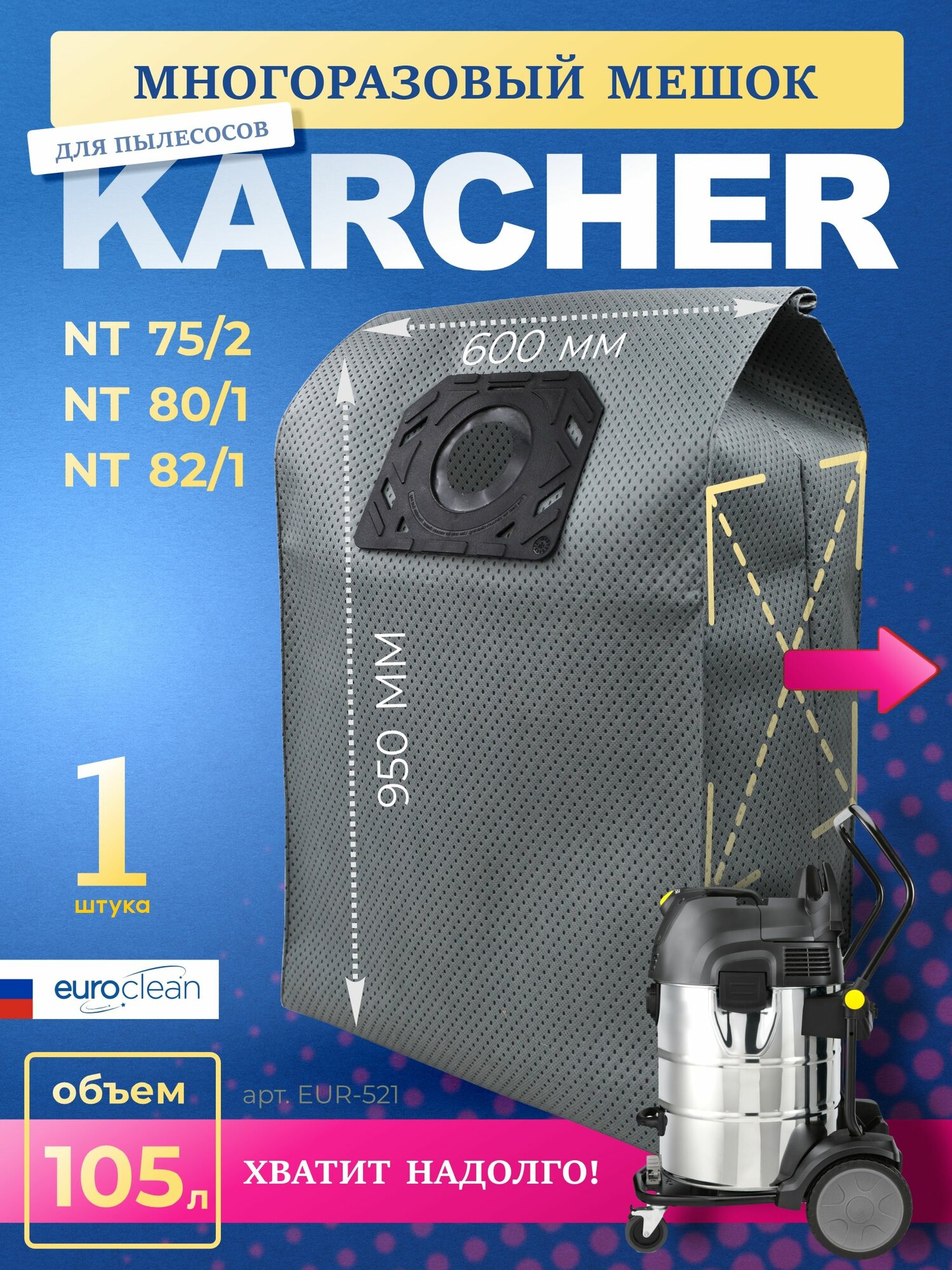 Многоразовый мешок для пылесоса nilfisk attix 7 (нилфикс), karcher 75/2, 80/1, nt 82/1 (керхер 75 2) , protool vcp 700, 1 шт